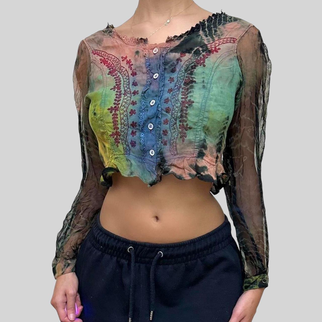 Ombre green multicoloured mesh crop top Model is... - Depop