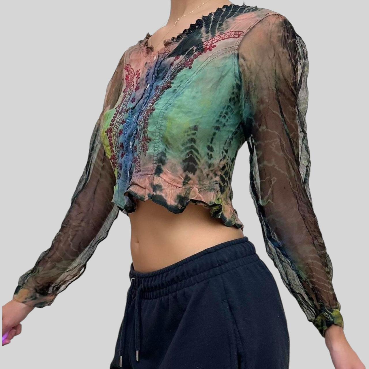 Ombre green multicoloured mesh crop top Model is... - Depop