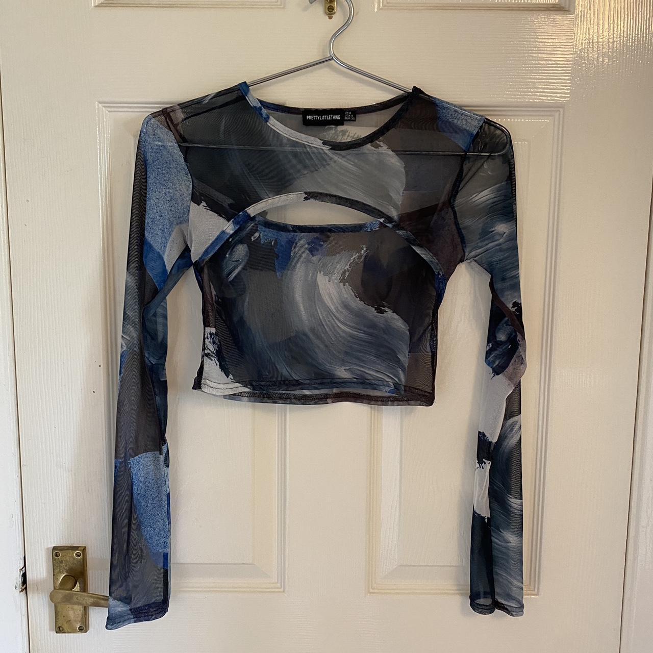 blue mesh crop top - white and black detail cut out - Depop