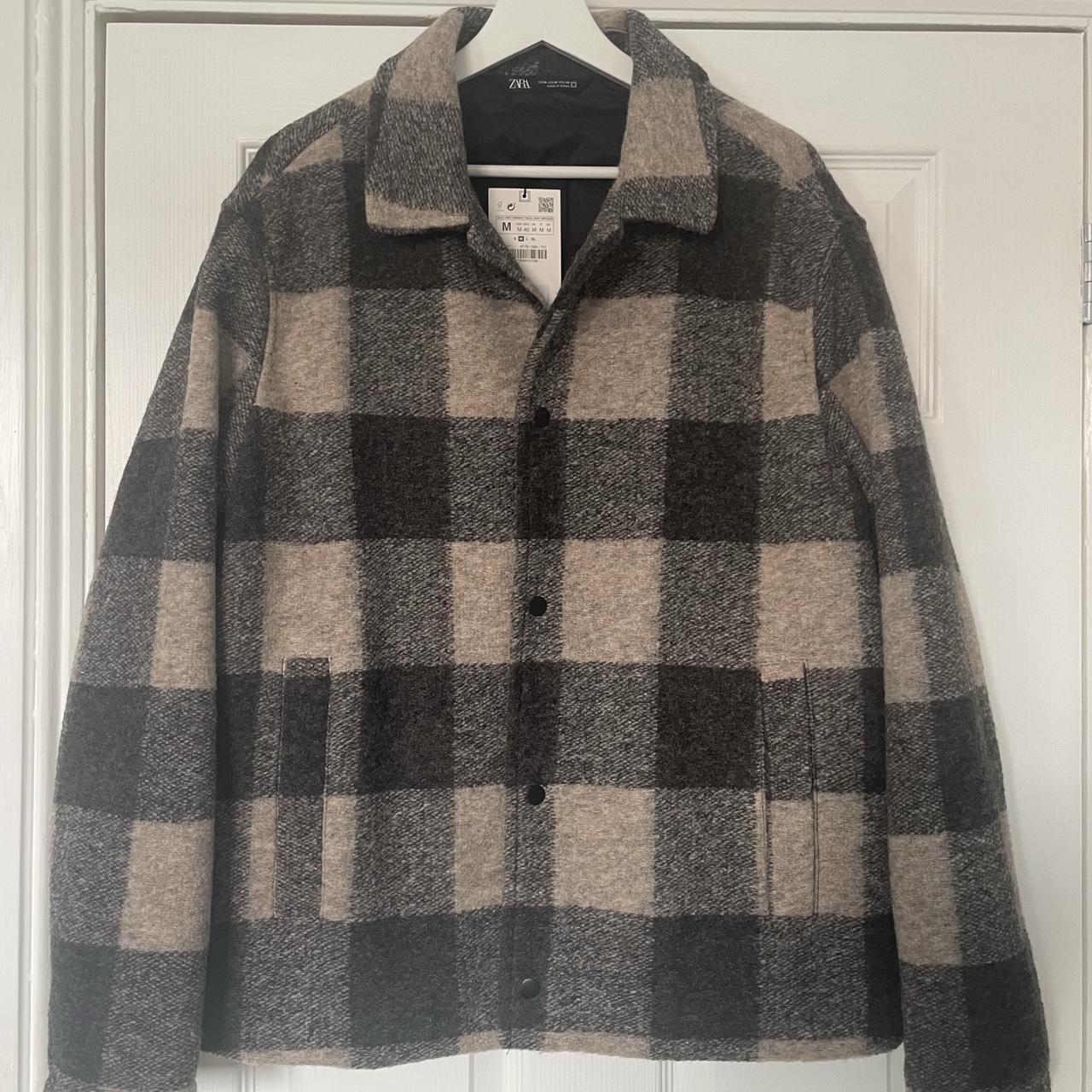 Zara Bnwt grey and cream men’s check Shacket /... - Depop
