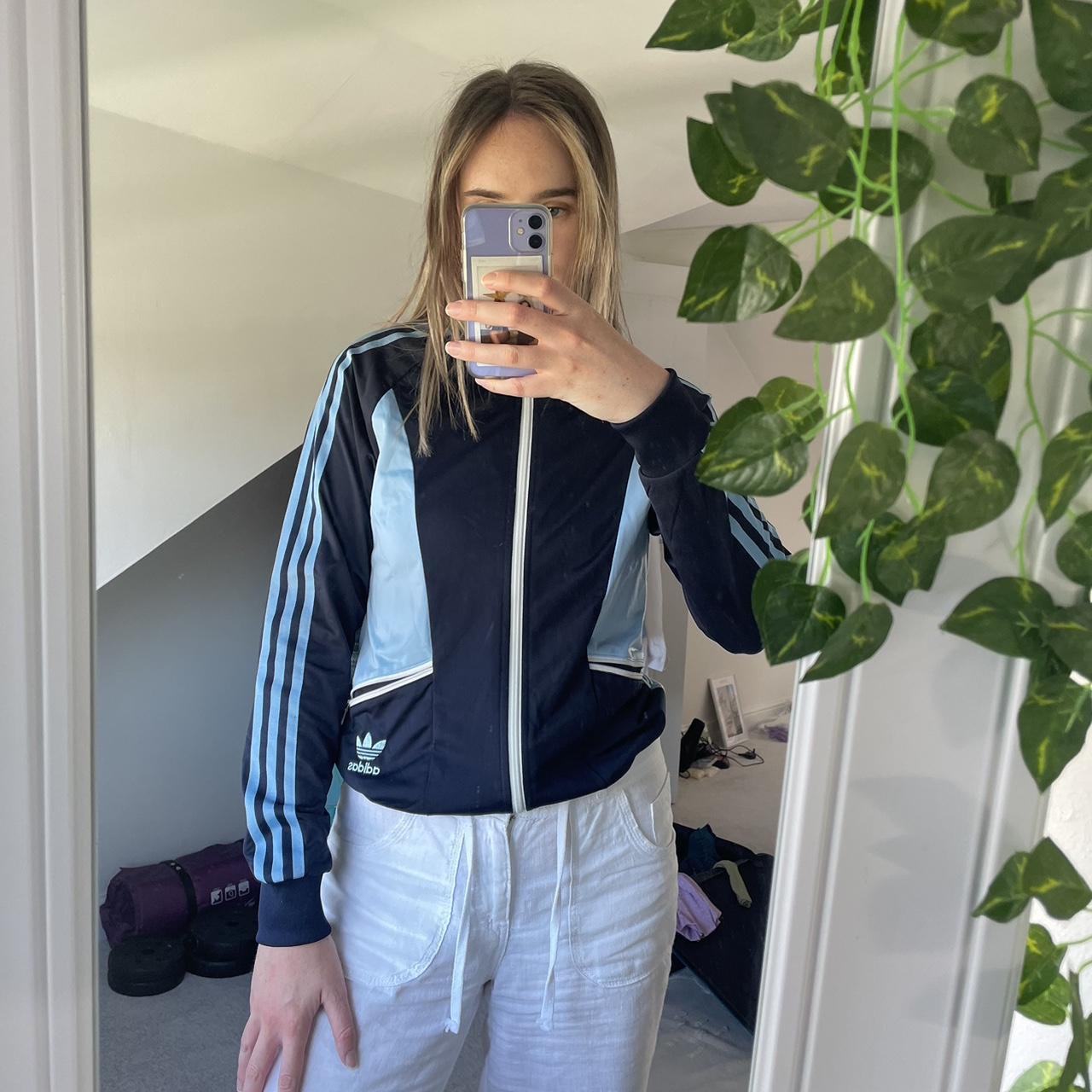 Navy and blue adidas track jacket Size 10 Good... - Depop