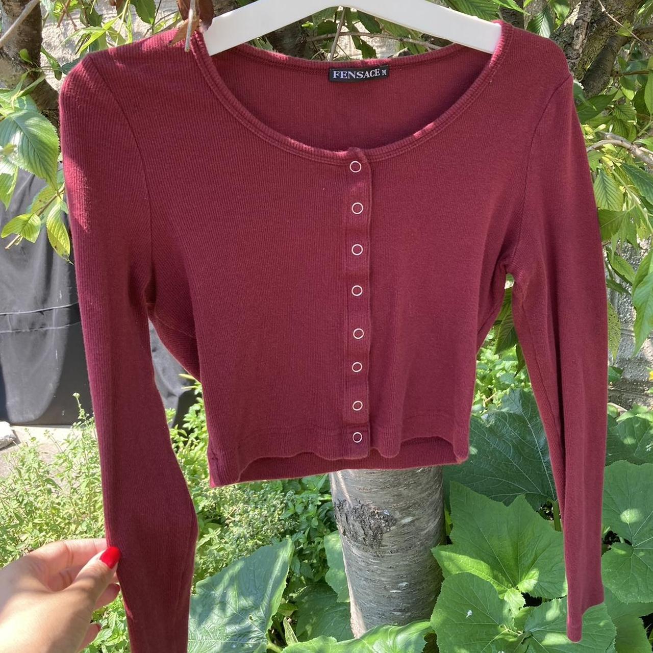 Burgundy long sleeve crop top with buttons - Depop