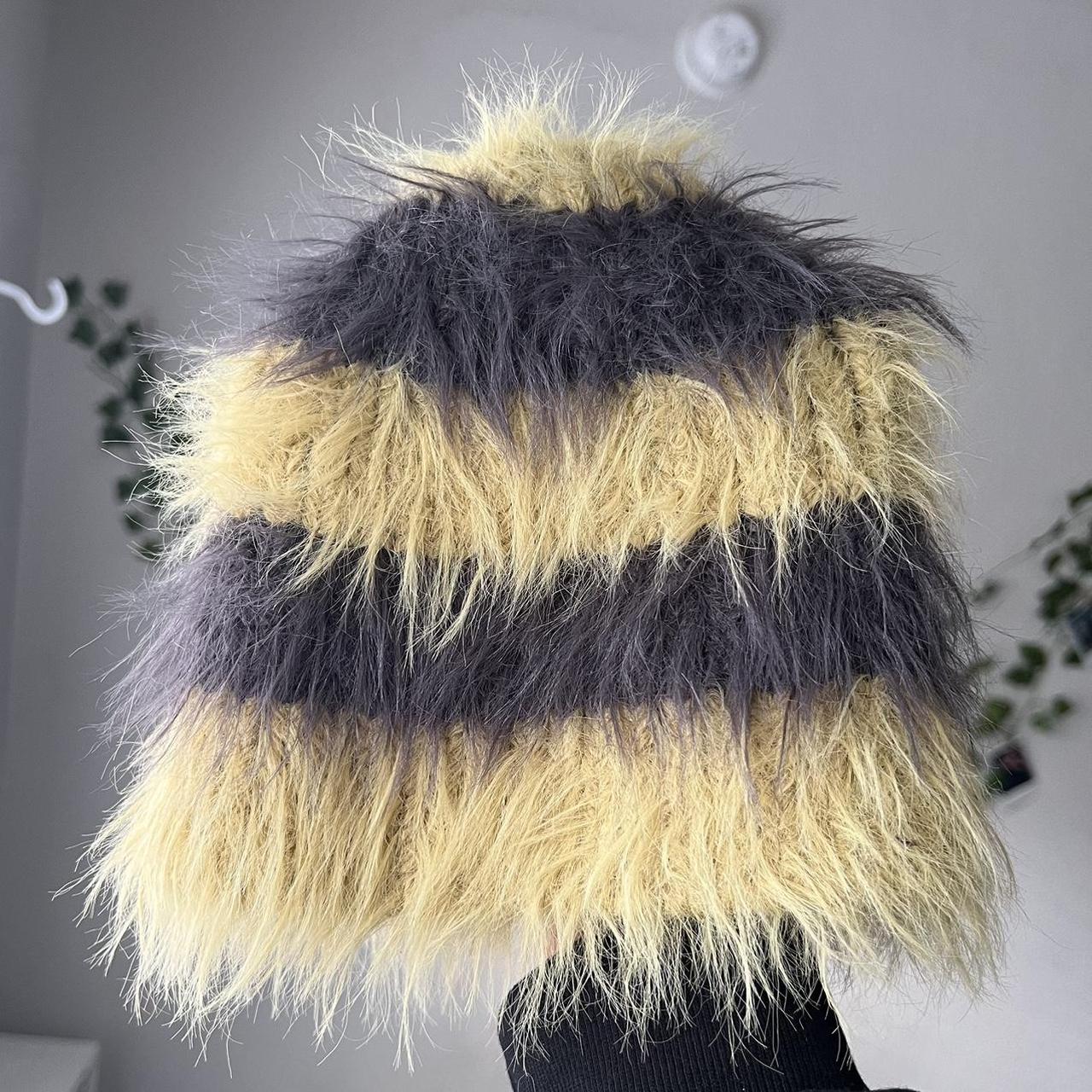 Fuzzy yellow and grey faux fur beanie #fauxfur... - Depop