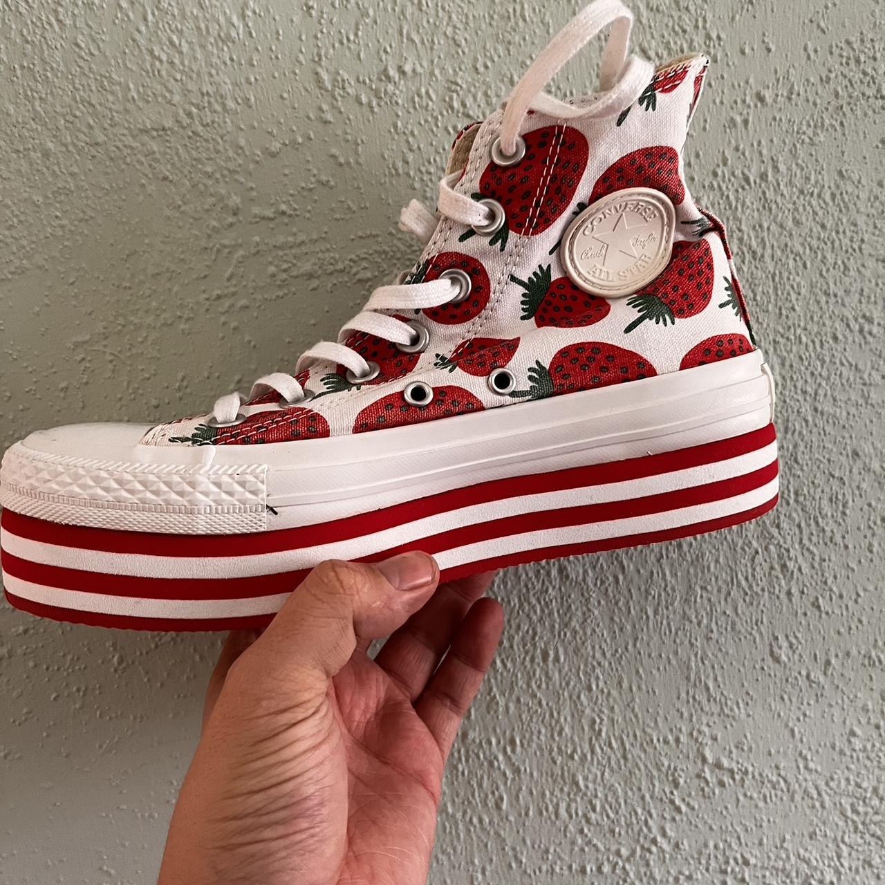 Converse trainers strawberry print uk size 4 Paired... - Depop
