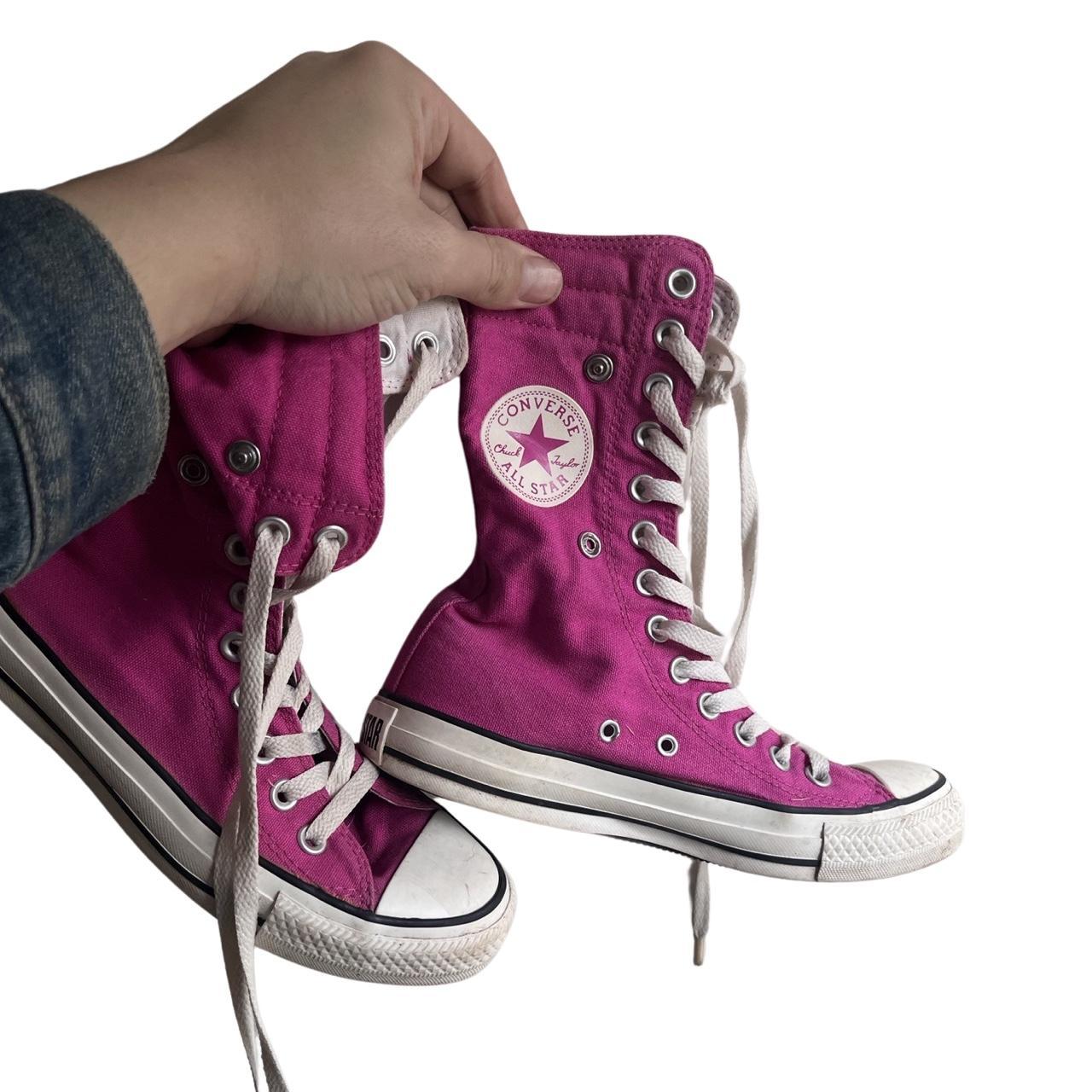 Converse extra high tops hot pink fold downs Very... - Depop