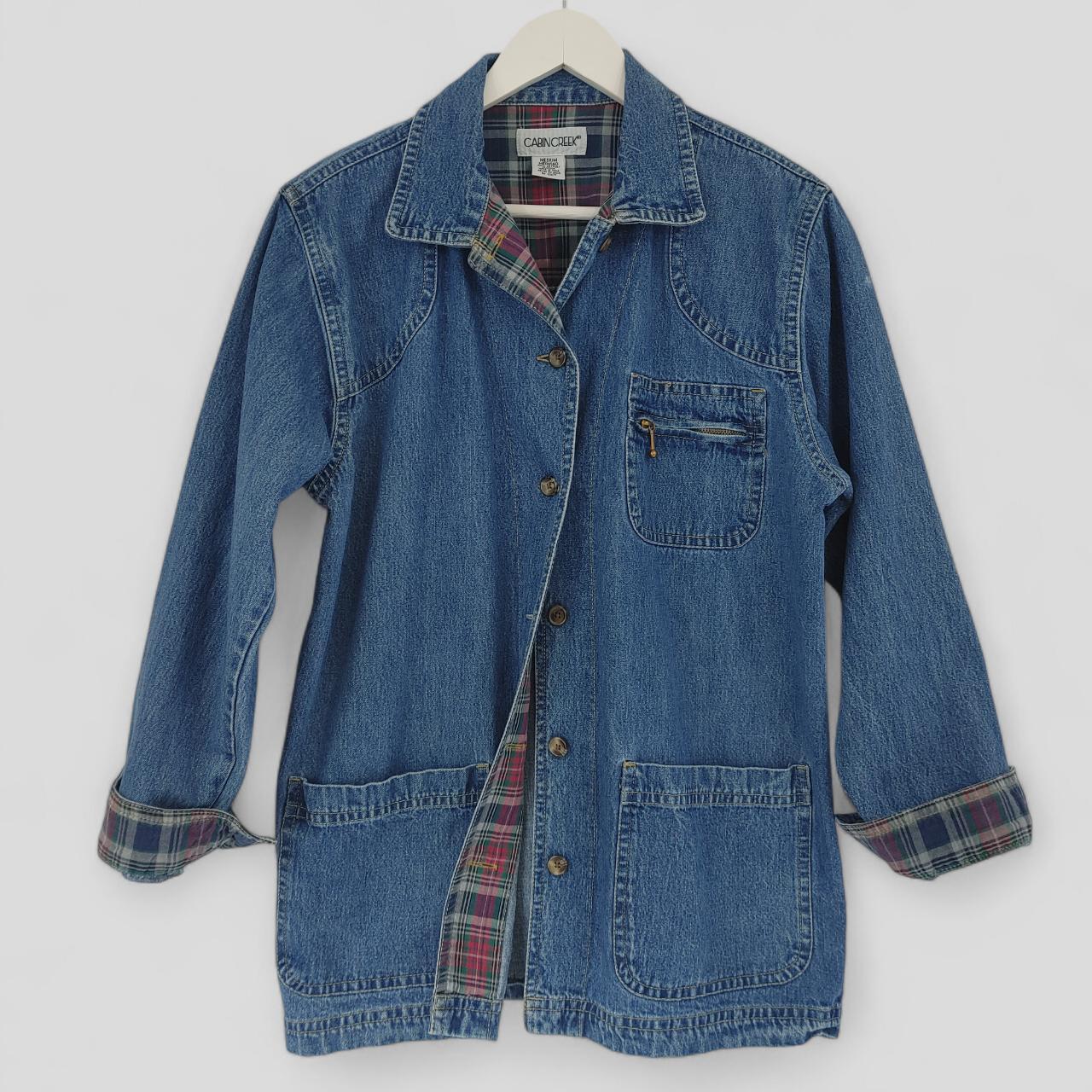 Totally 90s Vintage Plaid Lined Denim Barn Coat... - Depop