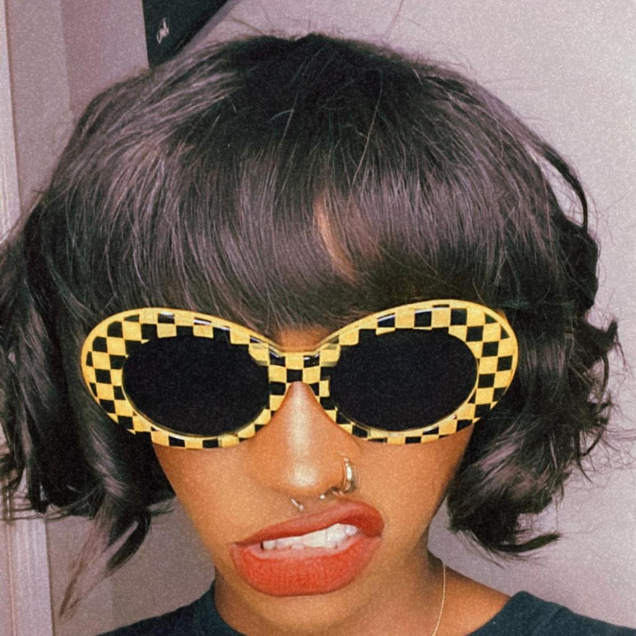 YELLOW CHECKER PRINT CLOUT GOGGLE SUNGLASSES / SHADES - Depop