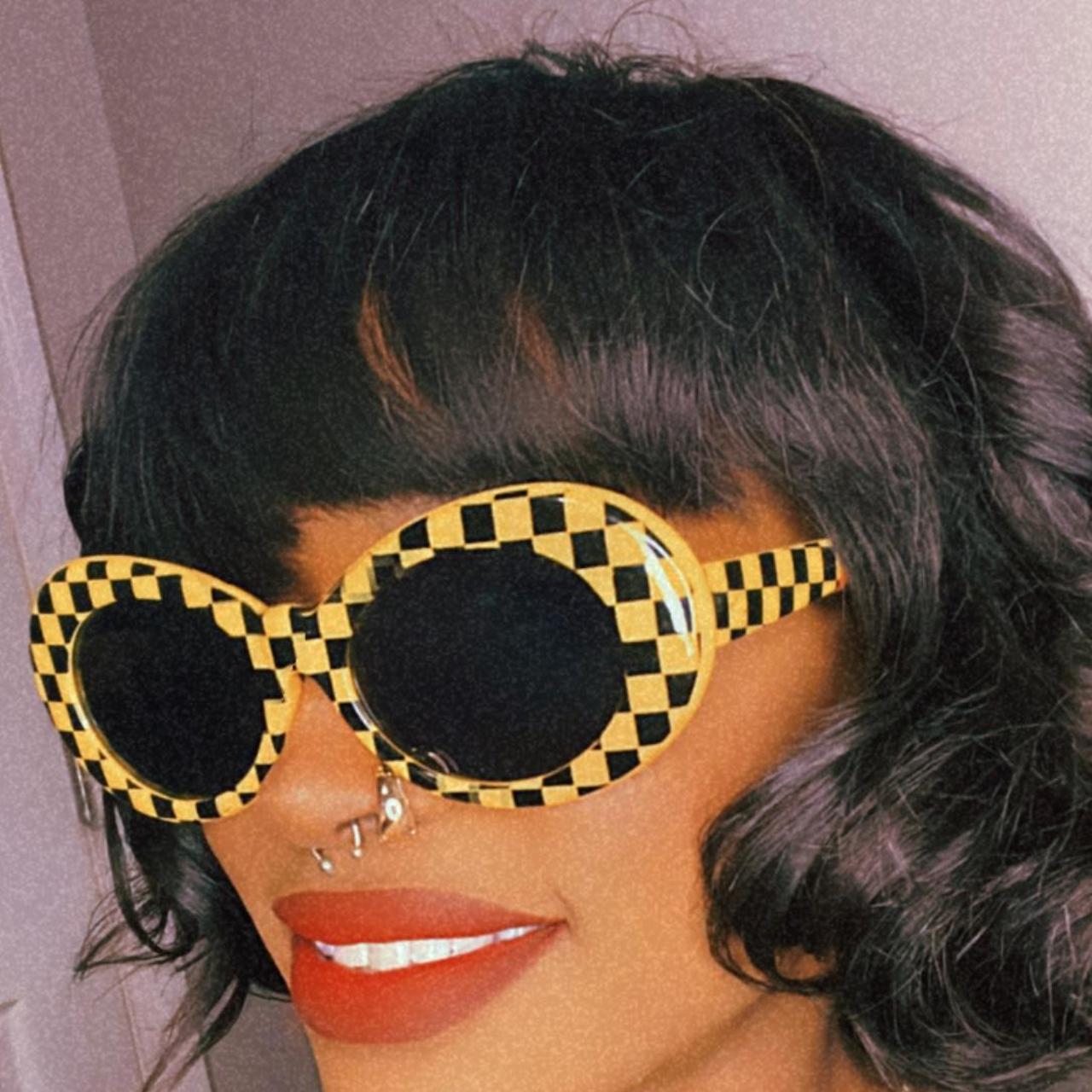 YELLOW CHECKER PRINT CLOUT GOGGLE SUNGLASSES / SHADES - Depop