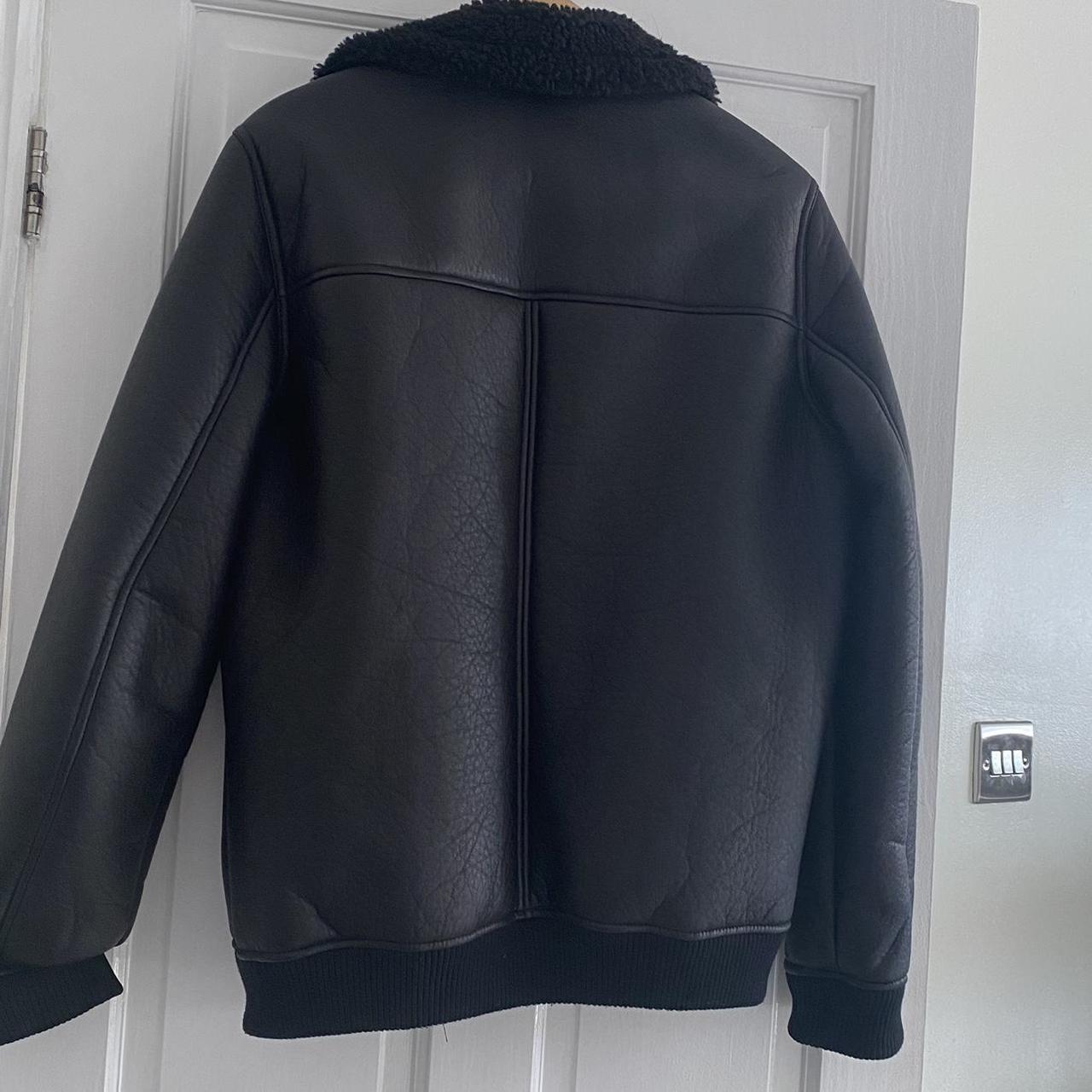 Black Aviator style pleather jacket with fur lining... - Depop