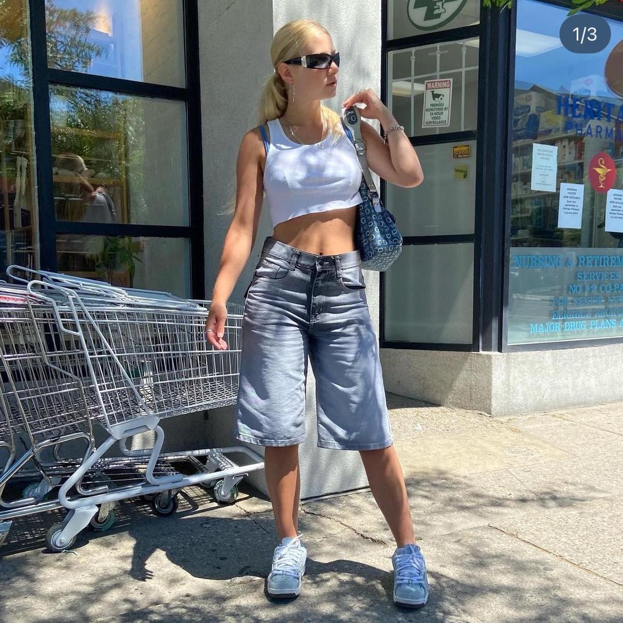 Grey jorts with cream detailing Waist 30” Inseam... - Depop