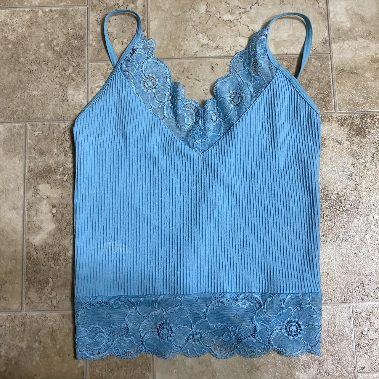 ♡NO BRAND Baby blue lace tank top Super stretchy can... - Depop