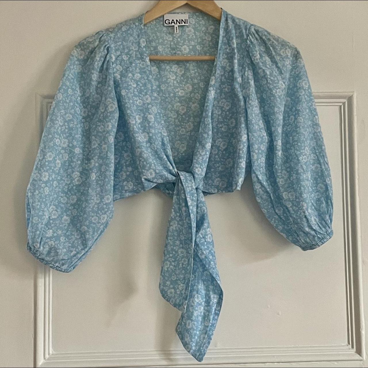 Ganni floral print cotton tie front cropped top with... - Depop