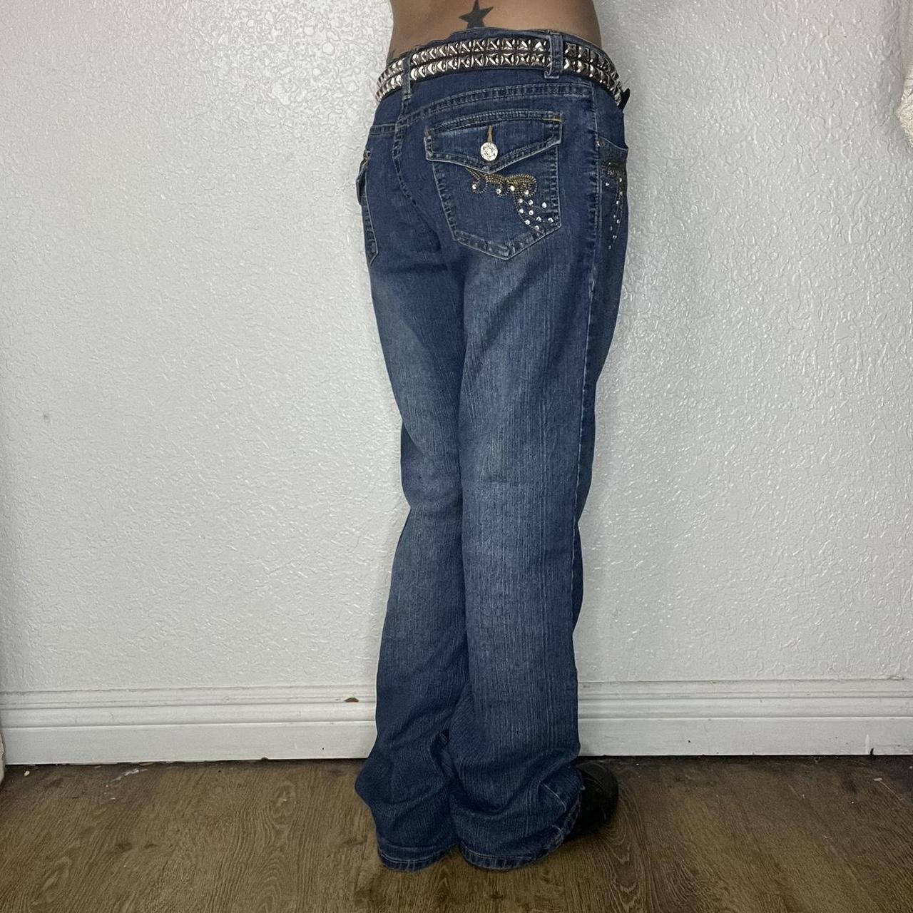 2000s bedazzled embroidered low rise jeans has a... - Depop