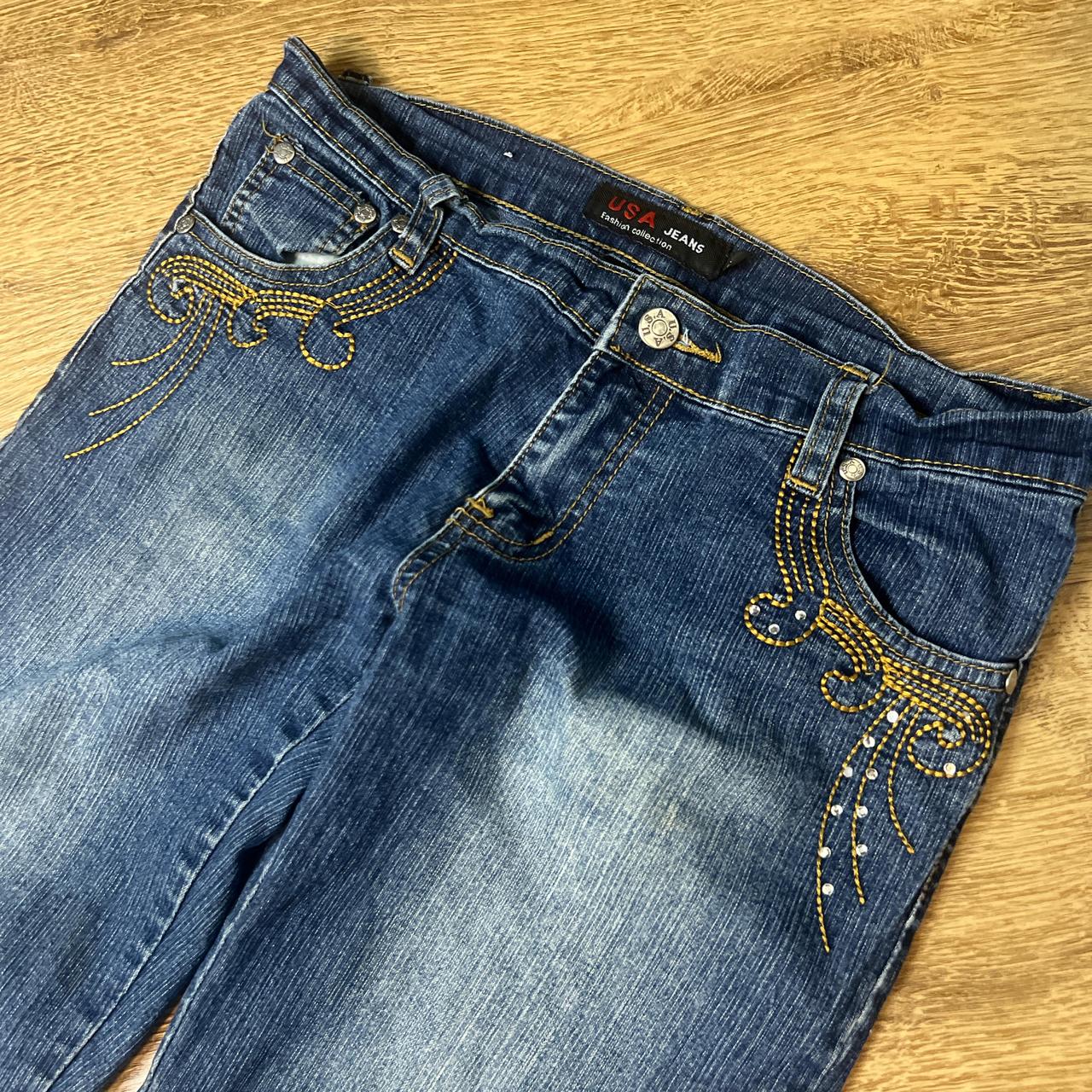2000s bedazzled embroidered low rise jeans has a... - Depop