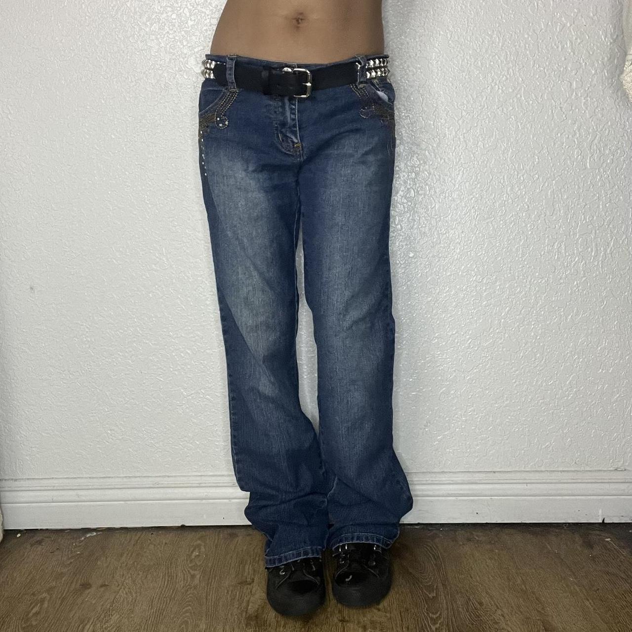 2000s bedazzled embroidered low rise jeans has a... - Depop