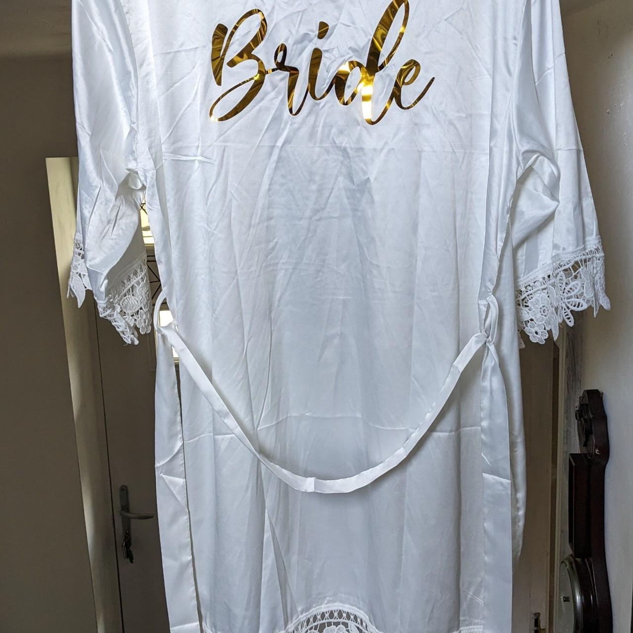 White Bridal robe with italic gold 'Bride' on back.... - Depop