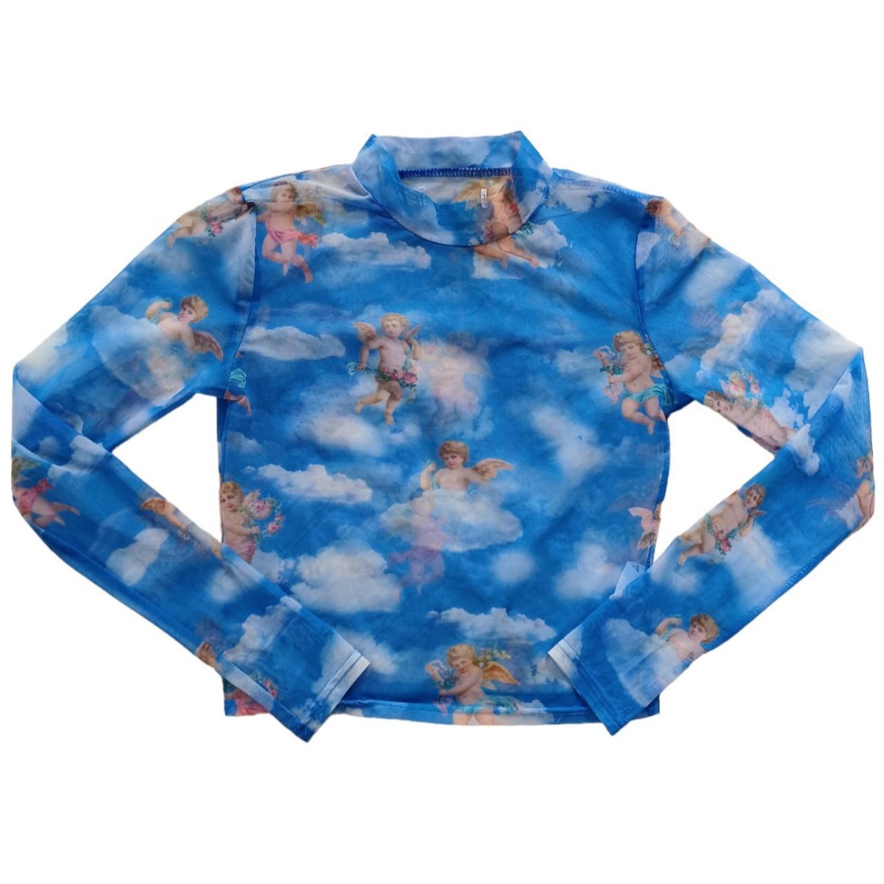 Blue cherub angel print mesh long sleeve crop... - Depop