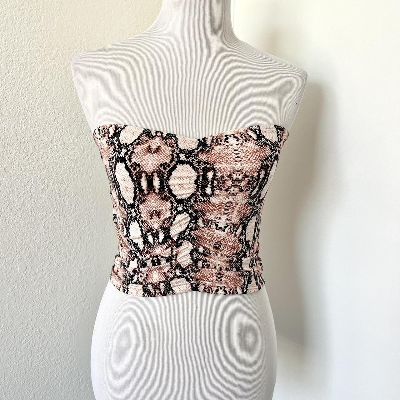 Candies. Snake print strapless ruched crop top.... - Depop