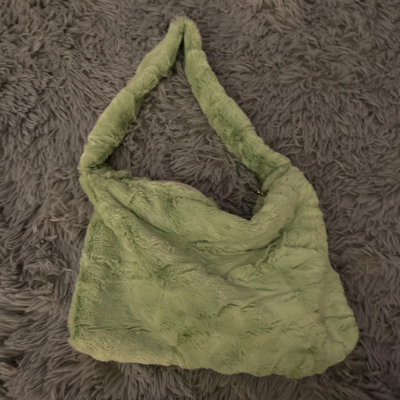 Green fluffy mini purse Handmade Silk lining... - Depop
