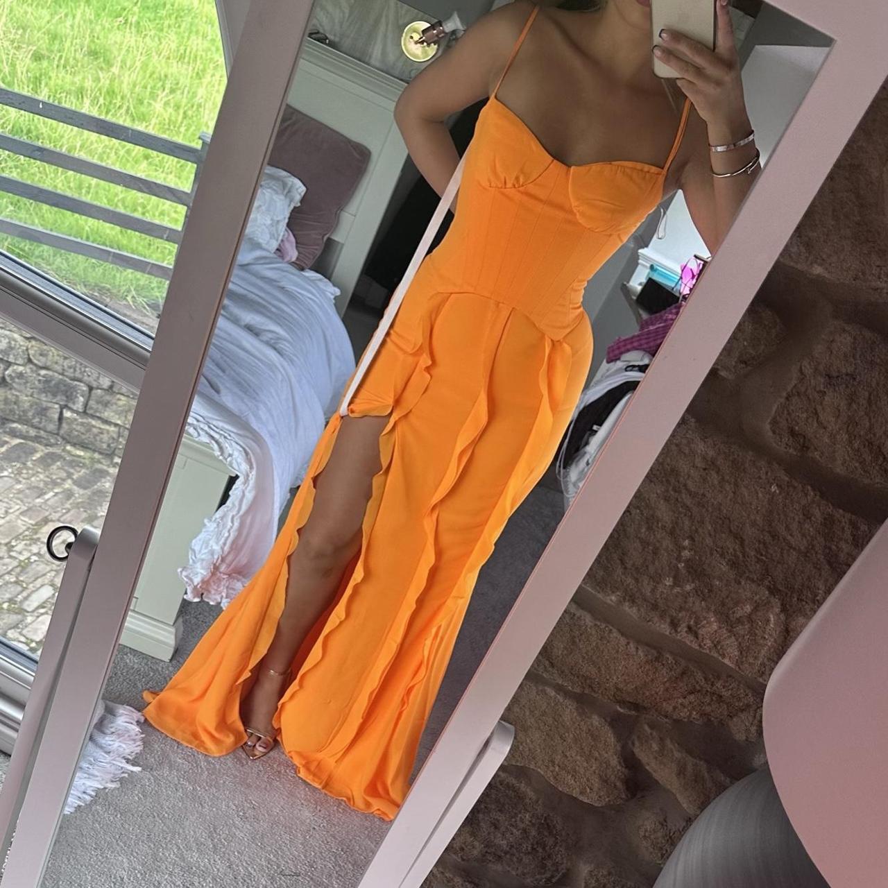 Oh Polly Orange Corset Ruffle Maxi Dress With Leg Slit Depop