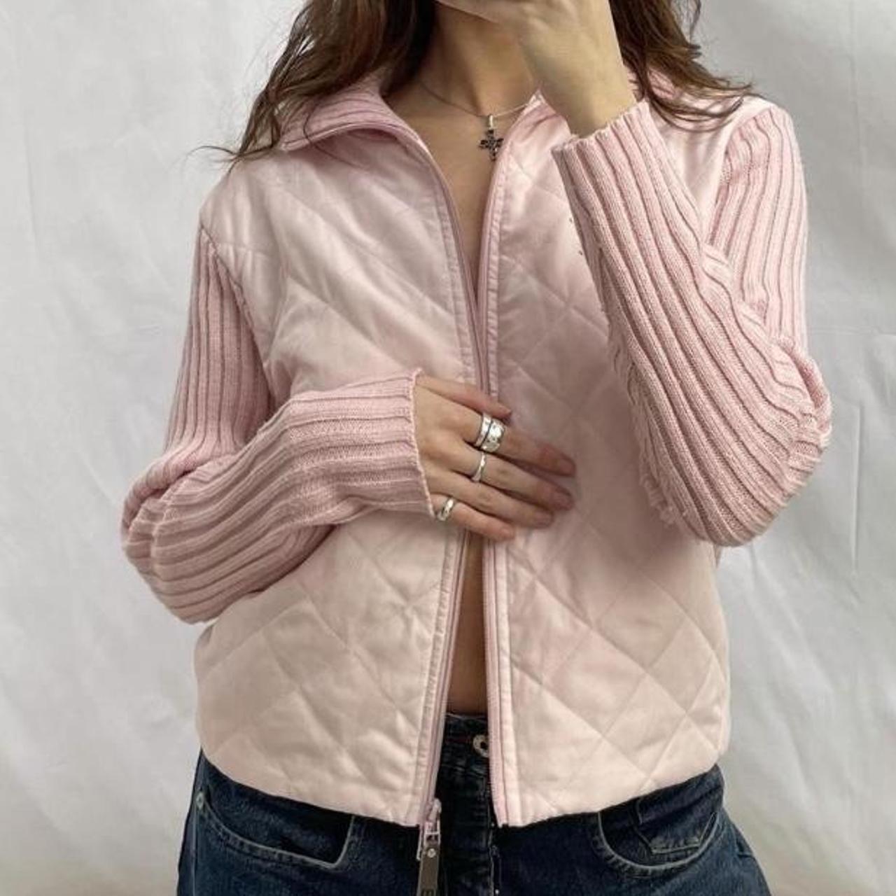 Y2k light pink quilted jacket with pink knit ribbed... - Depop
