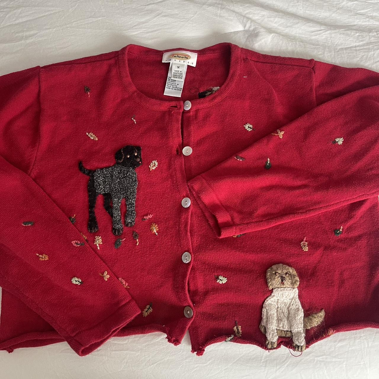 Talbots red cardigan with dogs and leaves Was... - Depop