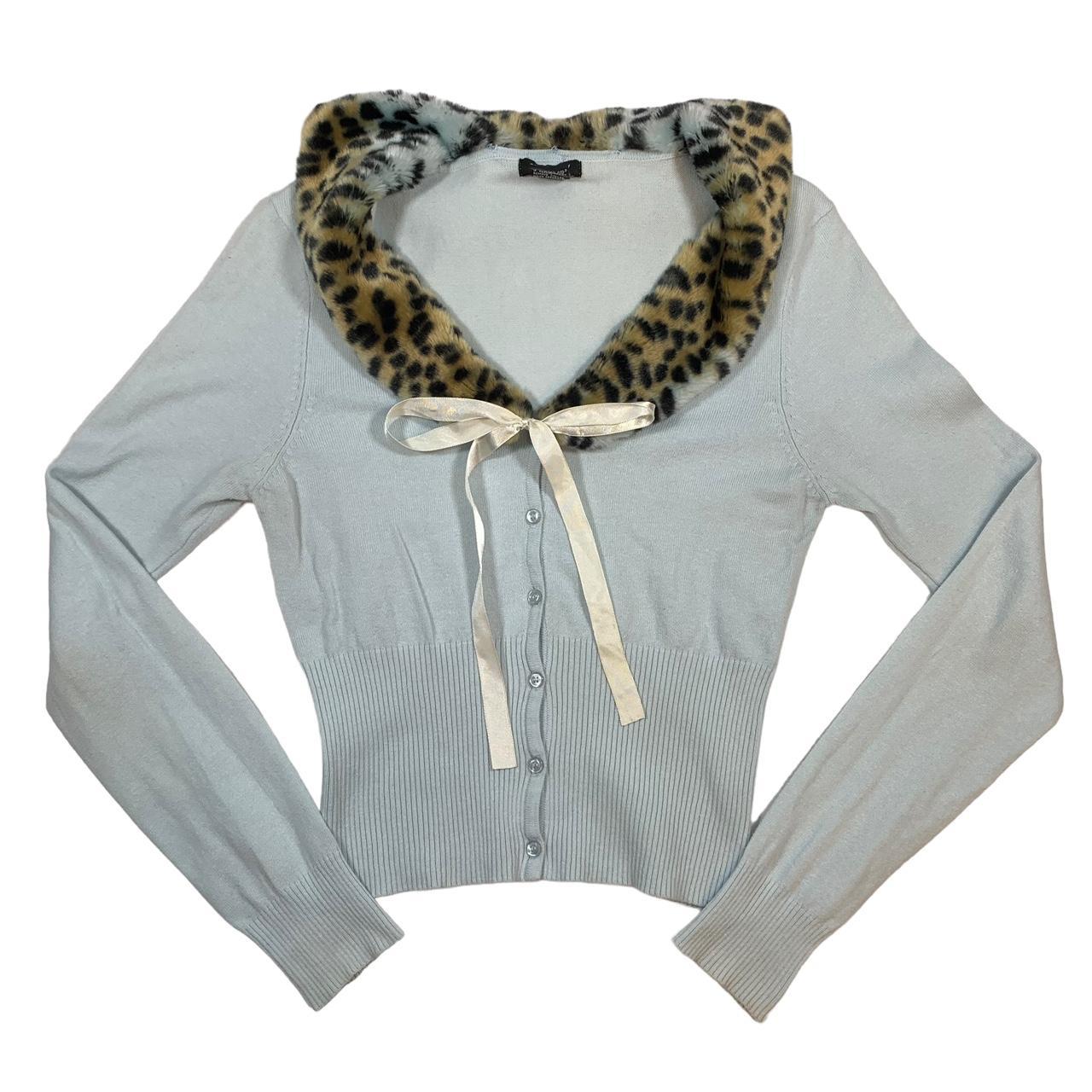 Y2k Eyeshadow baby blue cardigan with a cheetah... - Depop