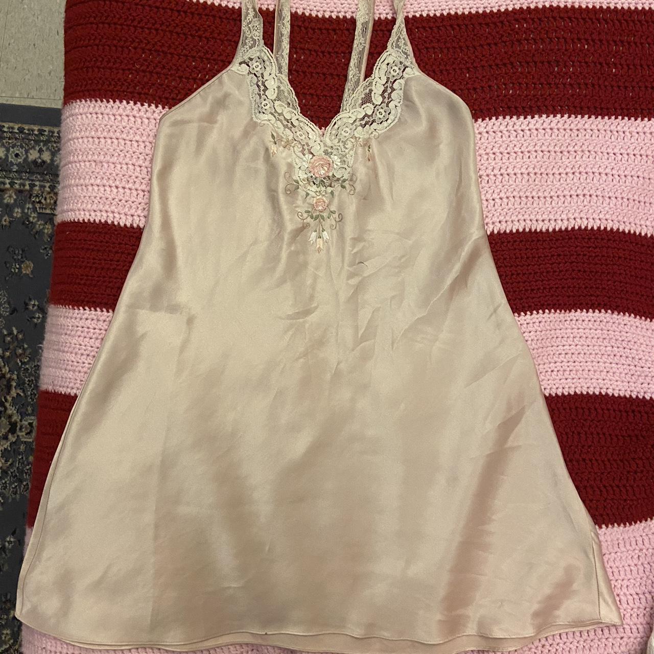 Baby pink slip dress Pink rose lace detailing Size... - Depop