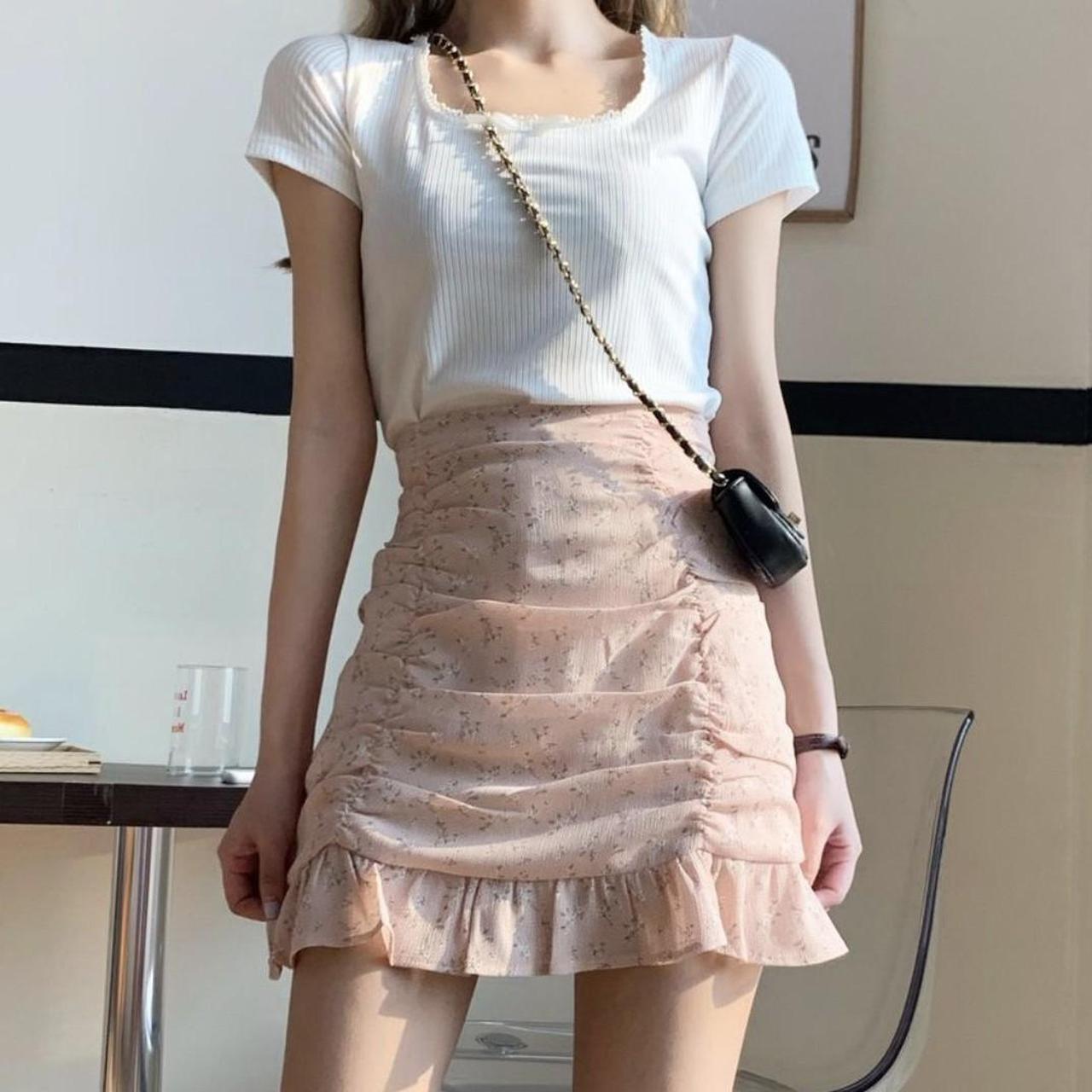 Pink ditsy floral mini skirt with ruffles; this is a... - Depop