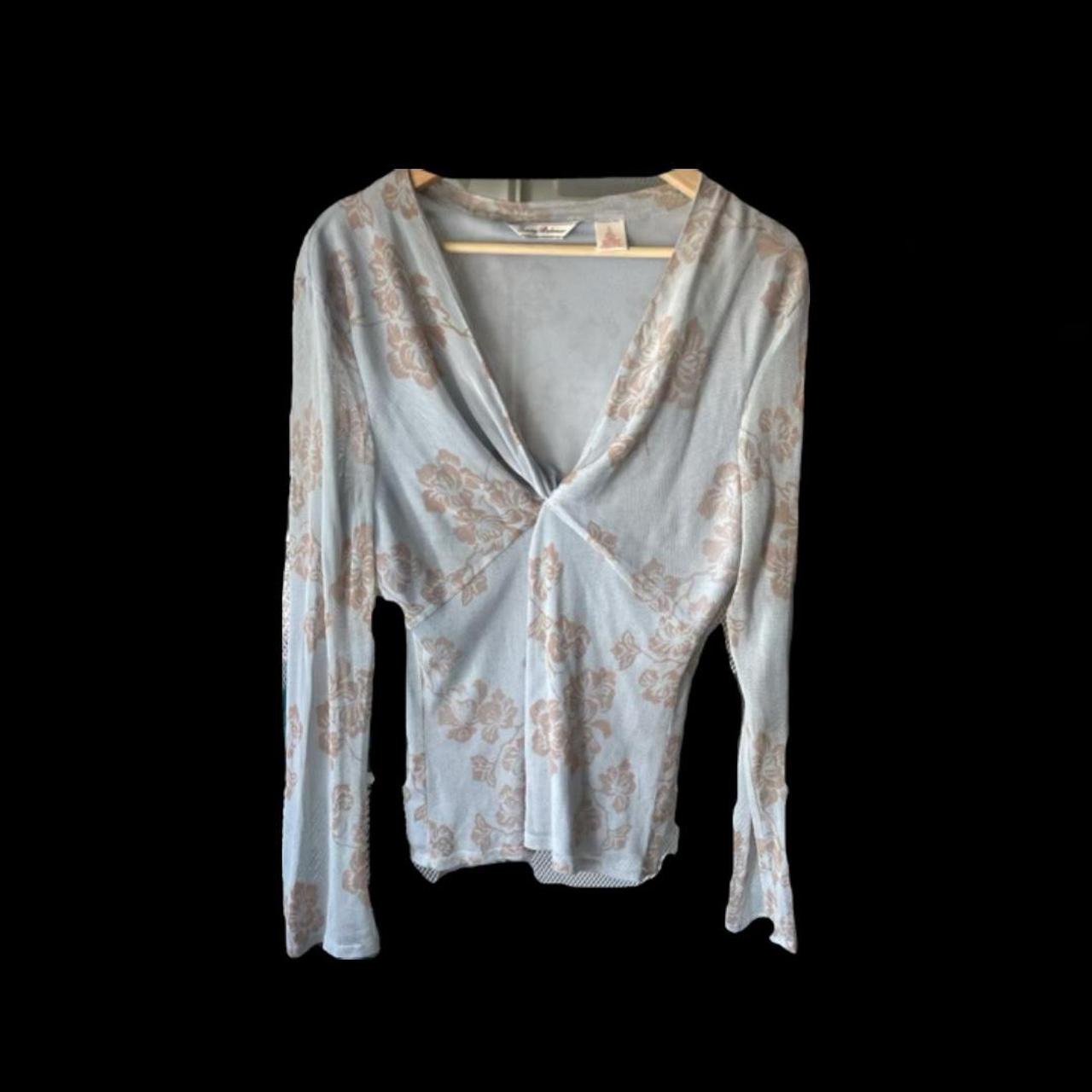 Light blue and tan floral print long sleeve top with... - Depop