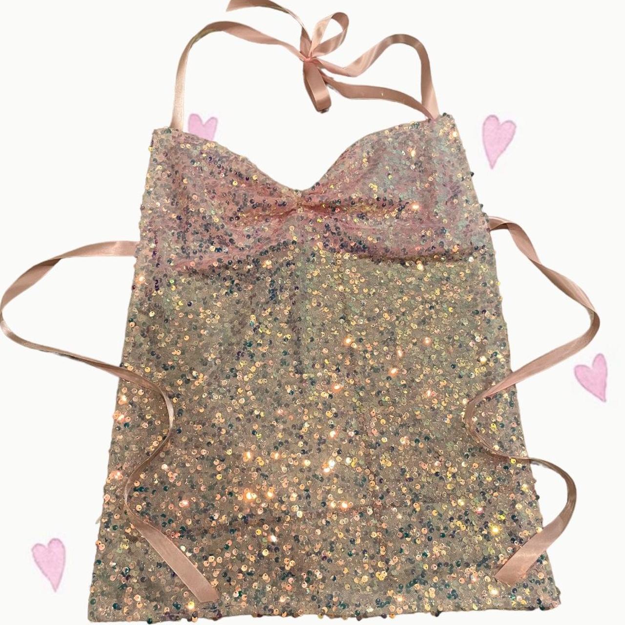 HANDMADE pink sequin sparkle halter top, open... - Depop