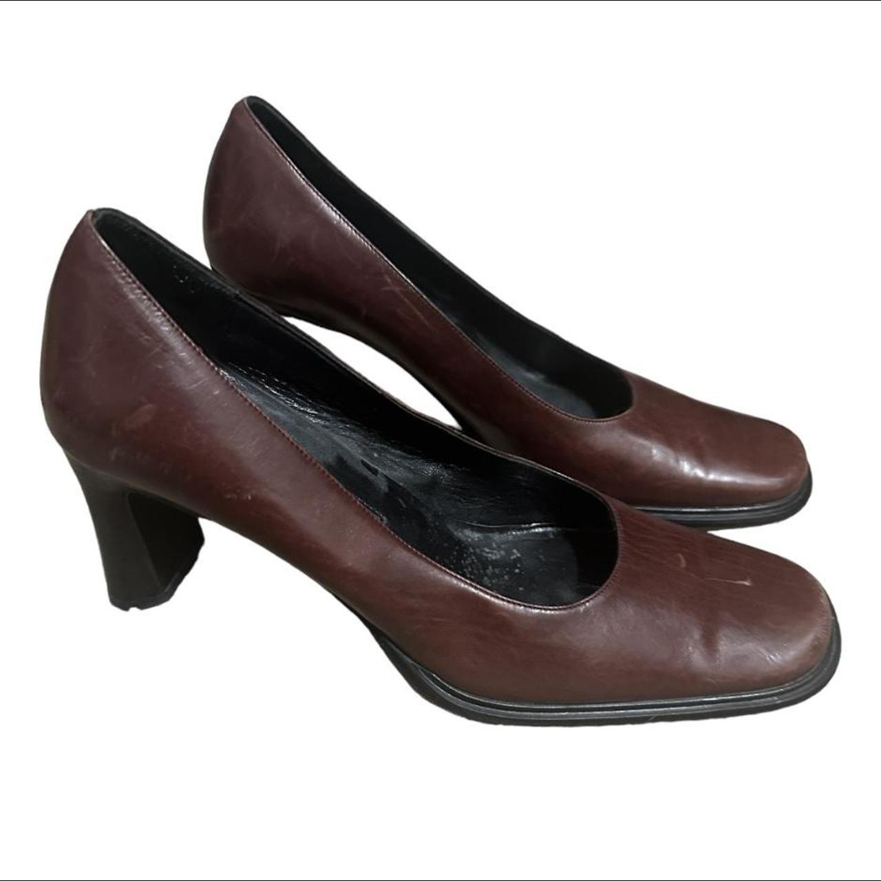 Vintage brown leather square toe heels, size 7 Made... - Depop