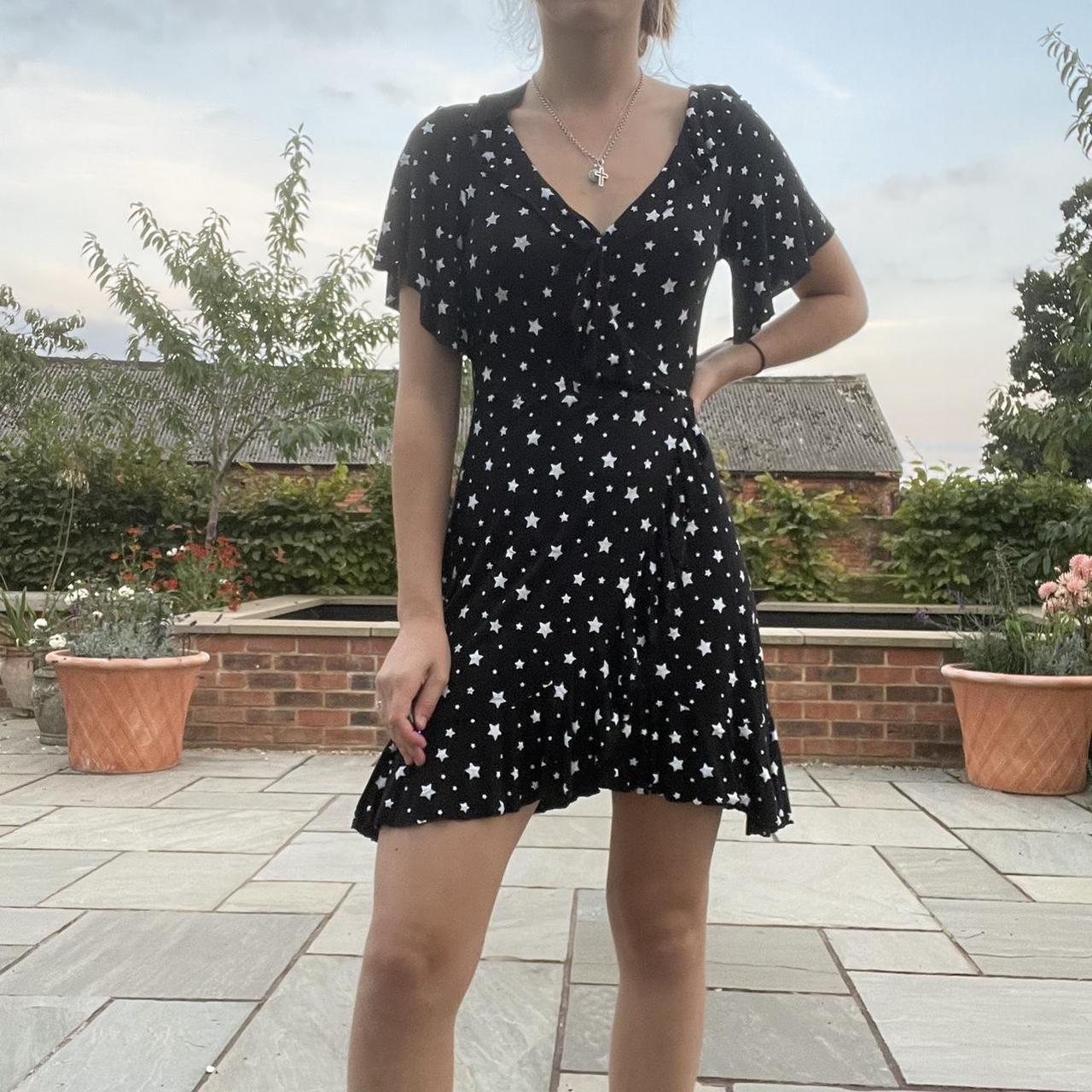 Boohoo Wrap Mini Dress Black with white stars V soft... - Depop