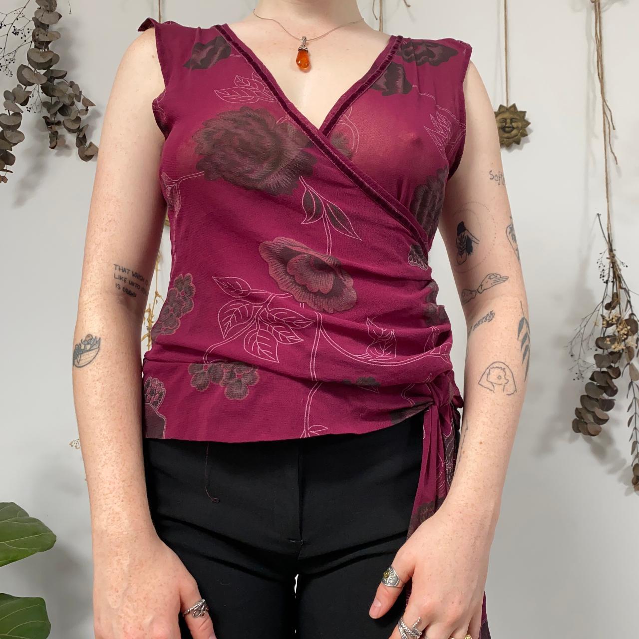 Vintage purple floral mesh wrap top with a tie at... - Depop