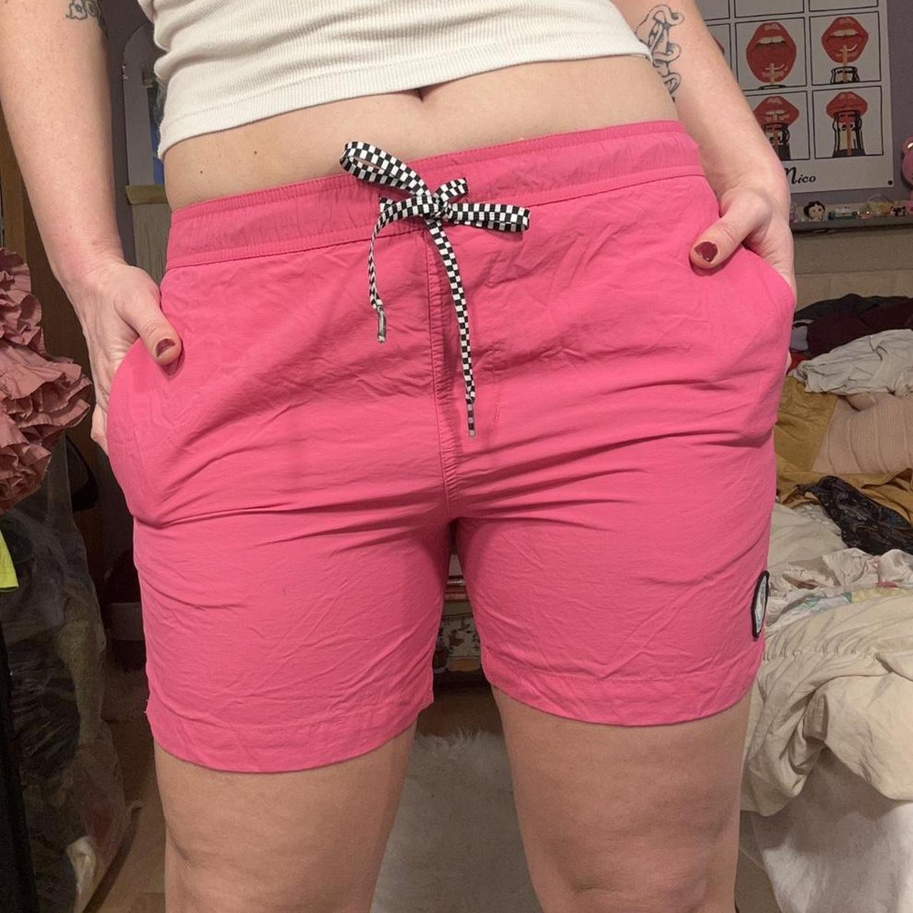 Pink and black checkered swim surf shorts with mesh... | Depop