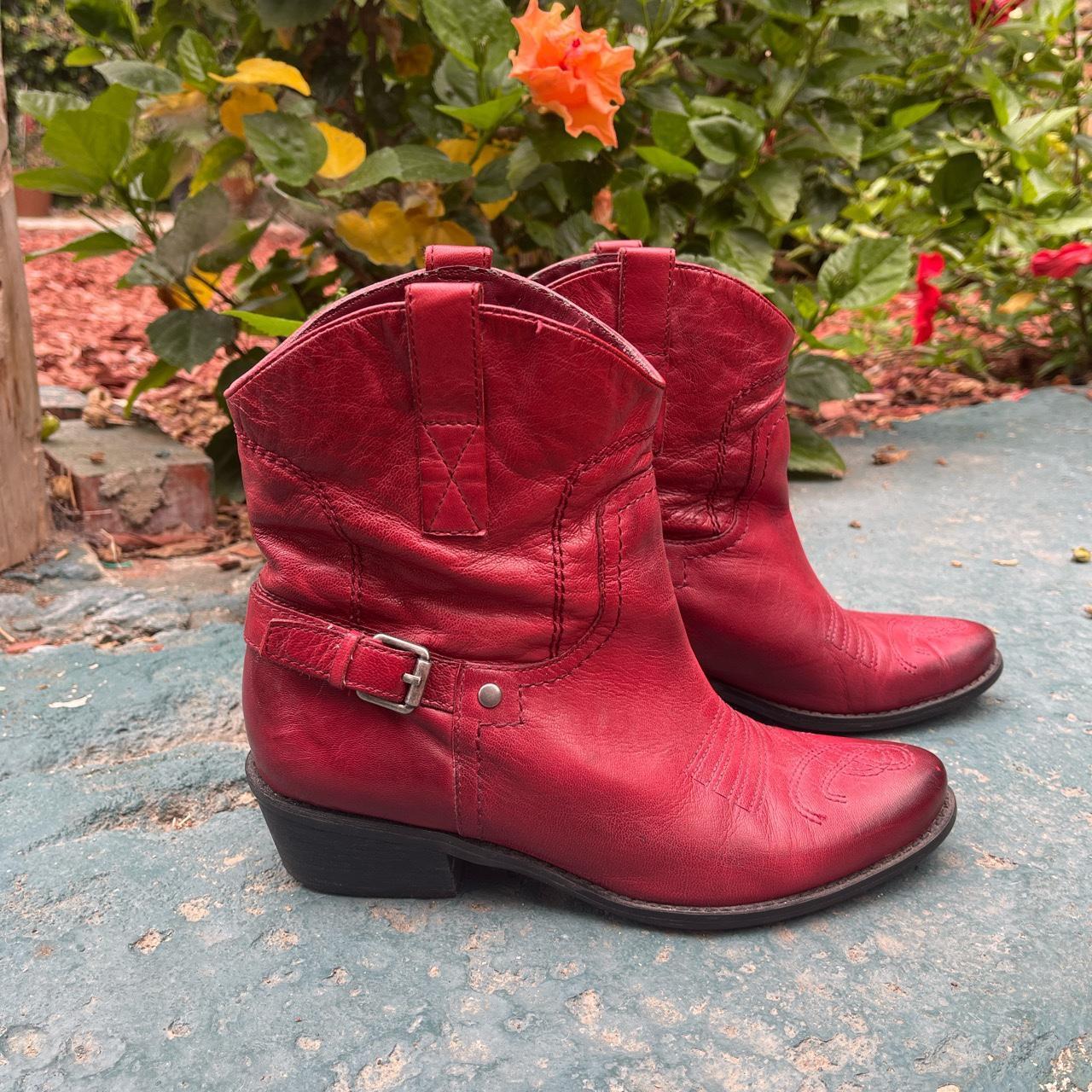 Red leather cowboy boots by Franco Sarto. Some wear... - Depop