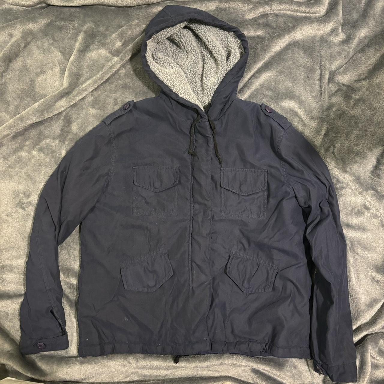 Brandy Melville Navy blue military jacket with grey... - Depop