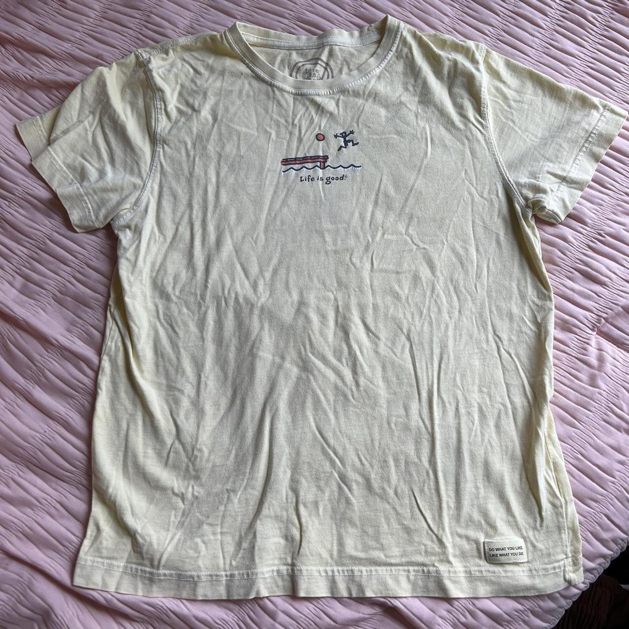 Life is Good Women's Yellow and Cream T-shirt | Depop