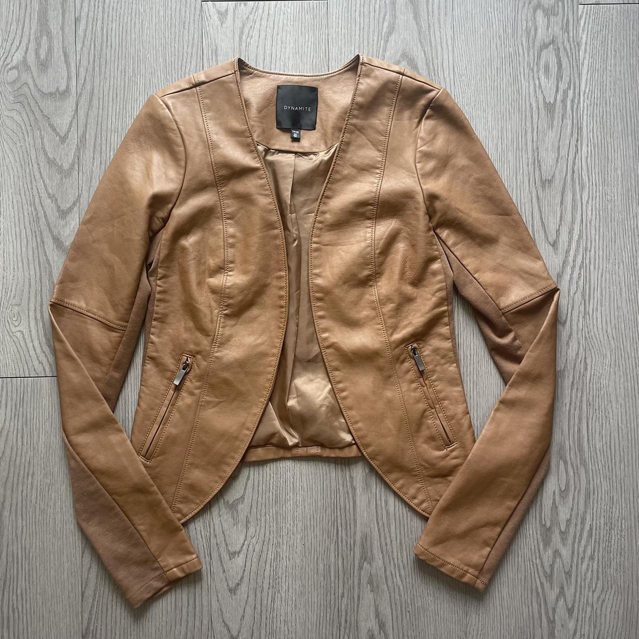 tan faux leather blazer/jacket size xs - Depop