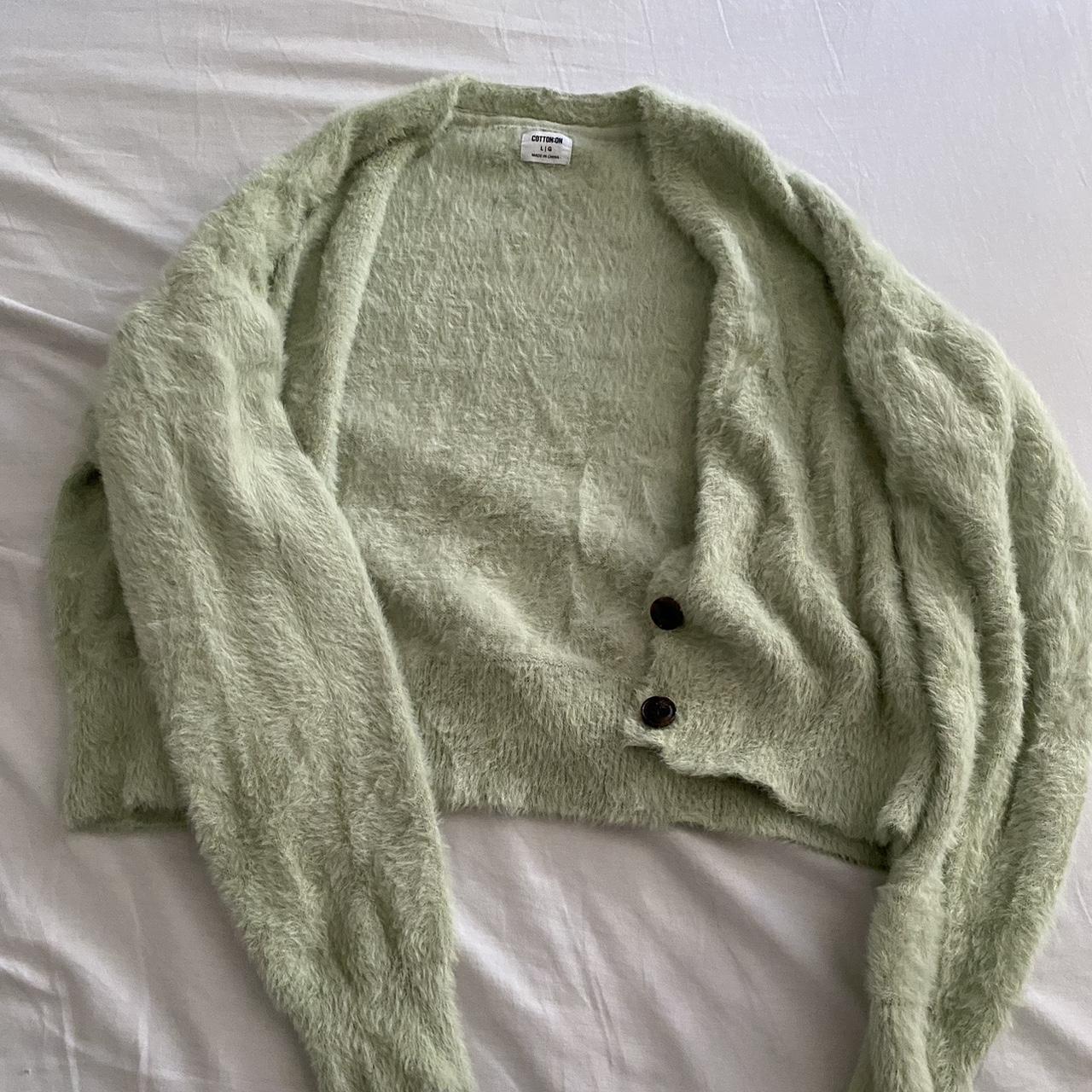 Fuzzy and soft light green Cotton On cardigan... - Depop