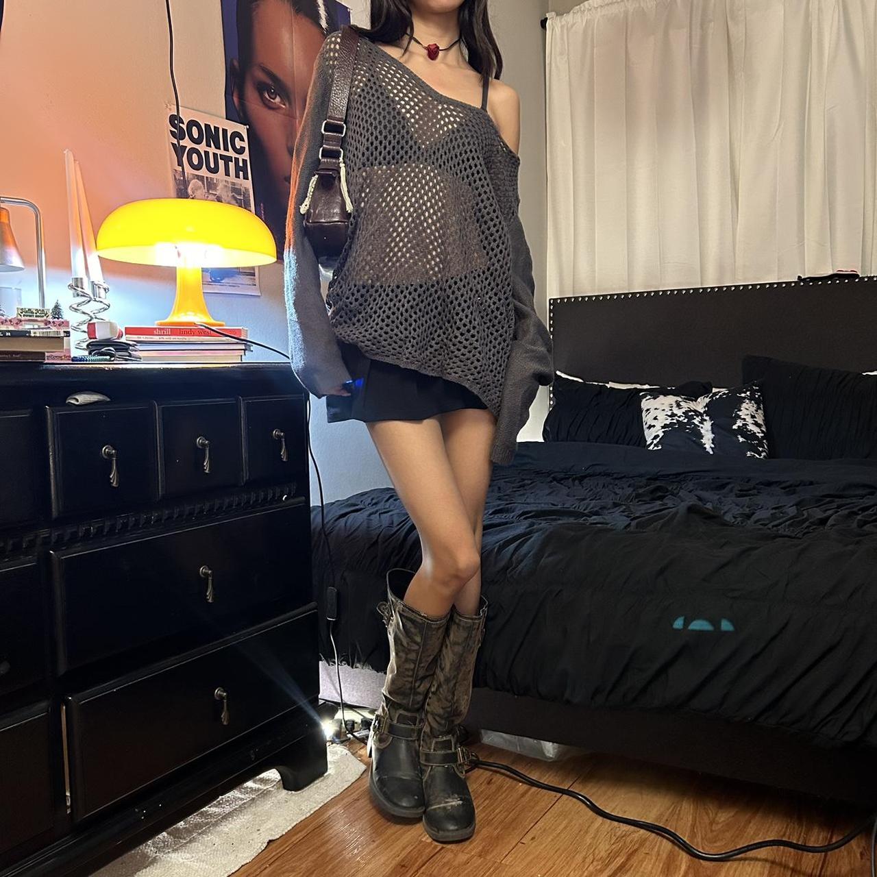 Adorable grey cyber grunge fishnet knit oversized... - Depop