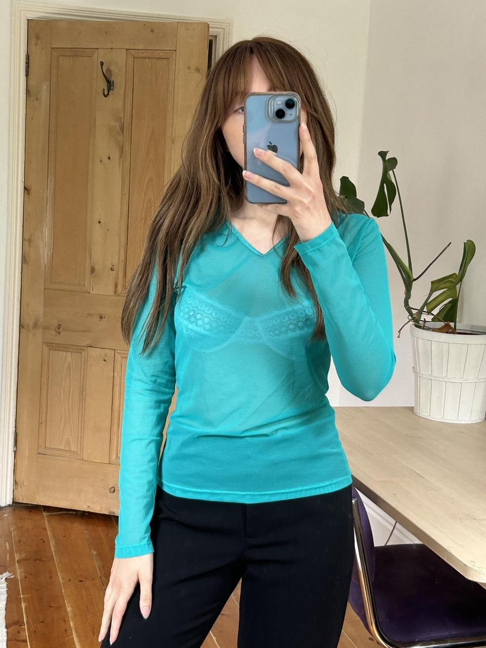 Vintage princess medium sheer teal long sleeve top... - Depop