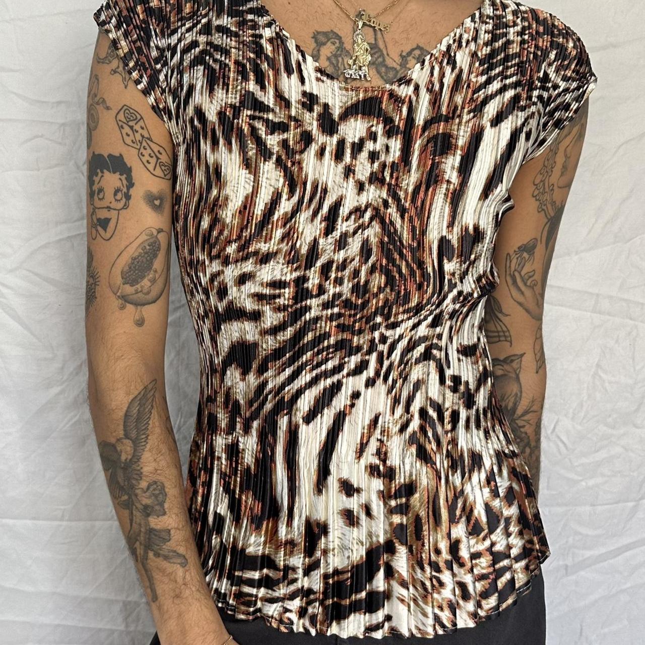 PLEATED CHEETAH TOP • brown & cream animal print... | Depop
