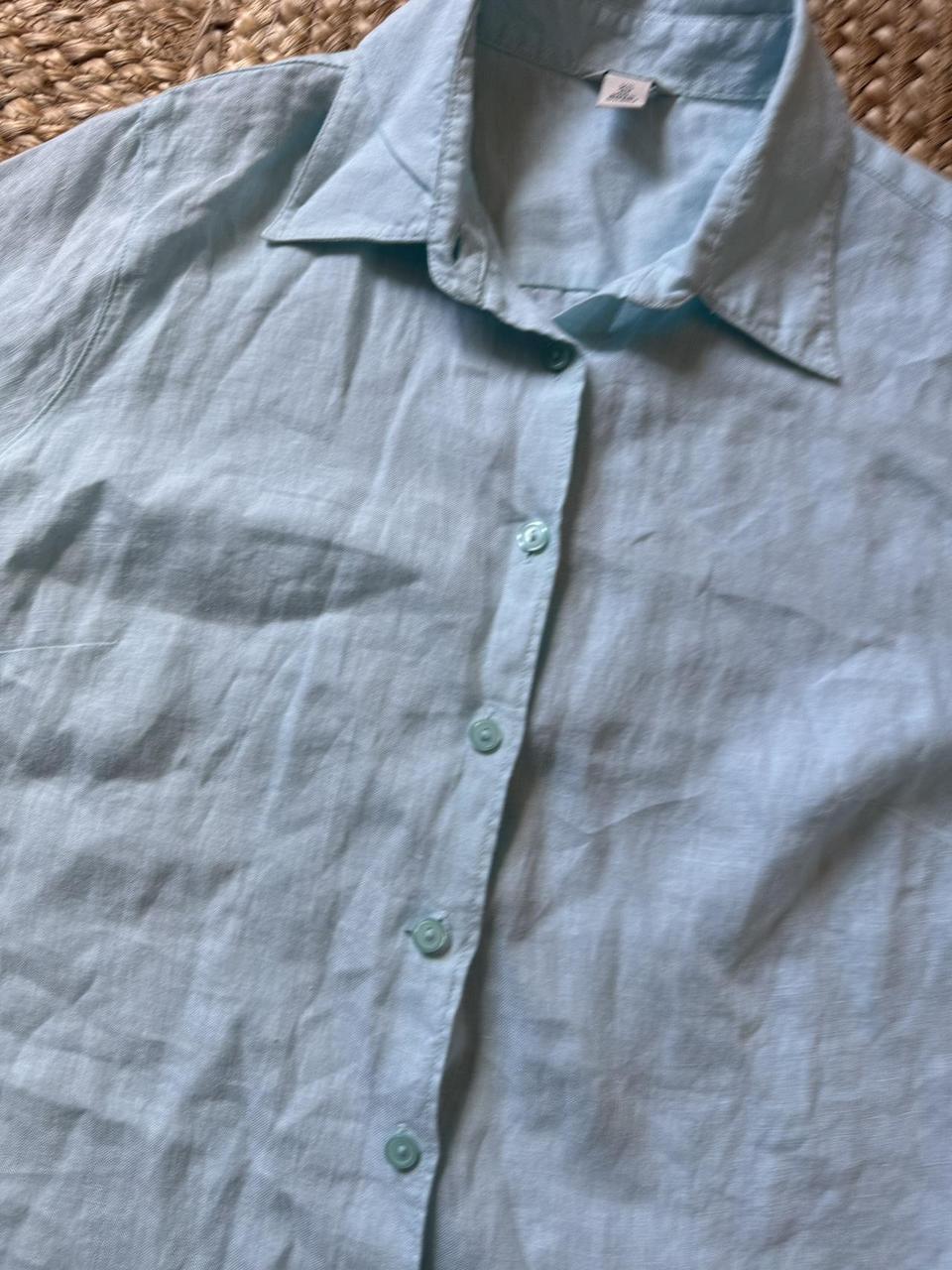 Linen Button Up Shirt - Light Blue Button Up... - Depop