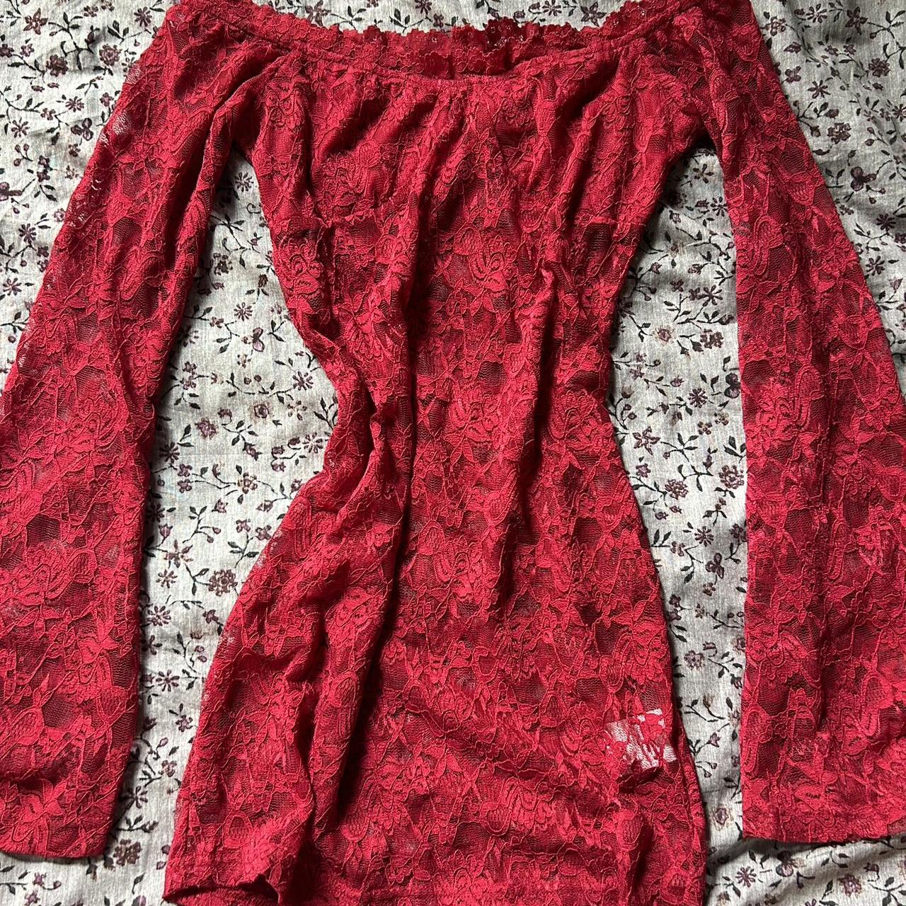 Red lace off the shoulder long sleeve dress... | Depop