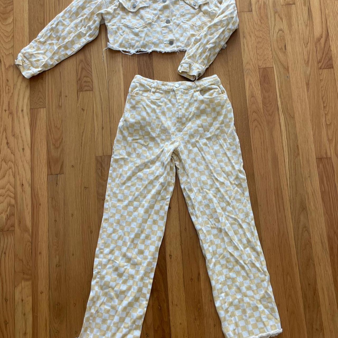Cream and yellow checkered denim jacket and pants... | Depop