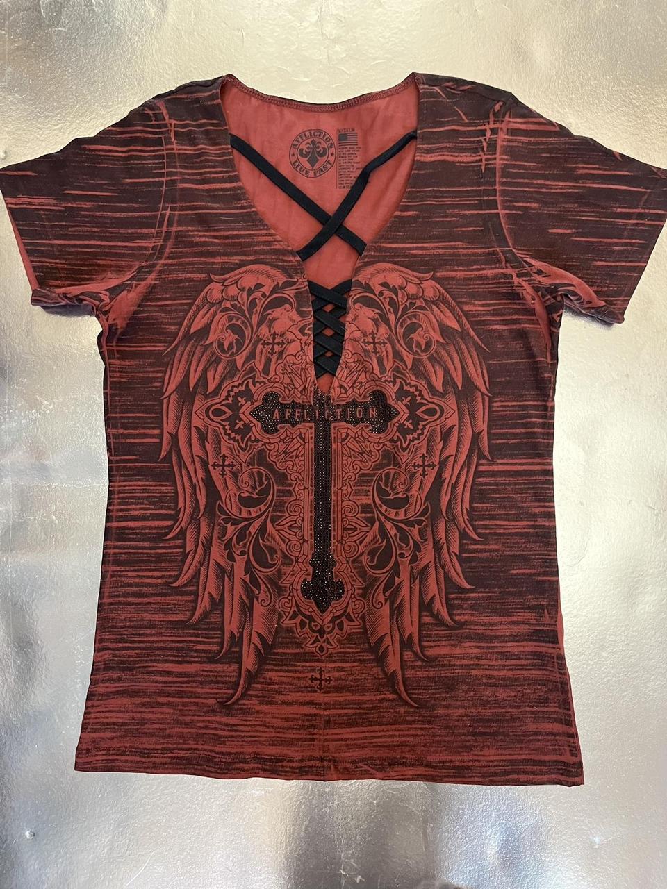 Affliction Red Bedazzled Cross Wing Graphic Shirt in... - Depop