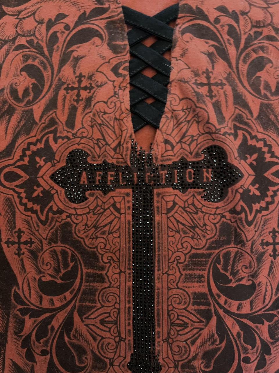 Affliction Red Bedazzled Cross Wing Graphic Shirt in... - Depop