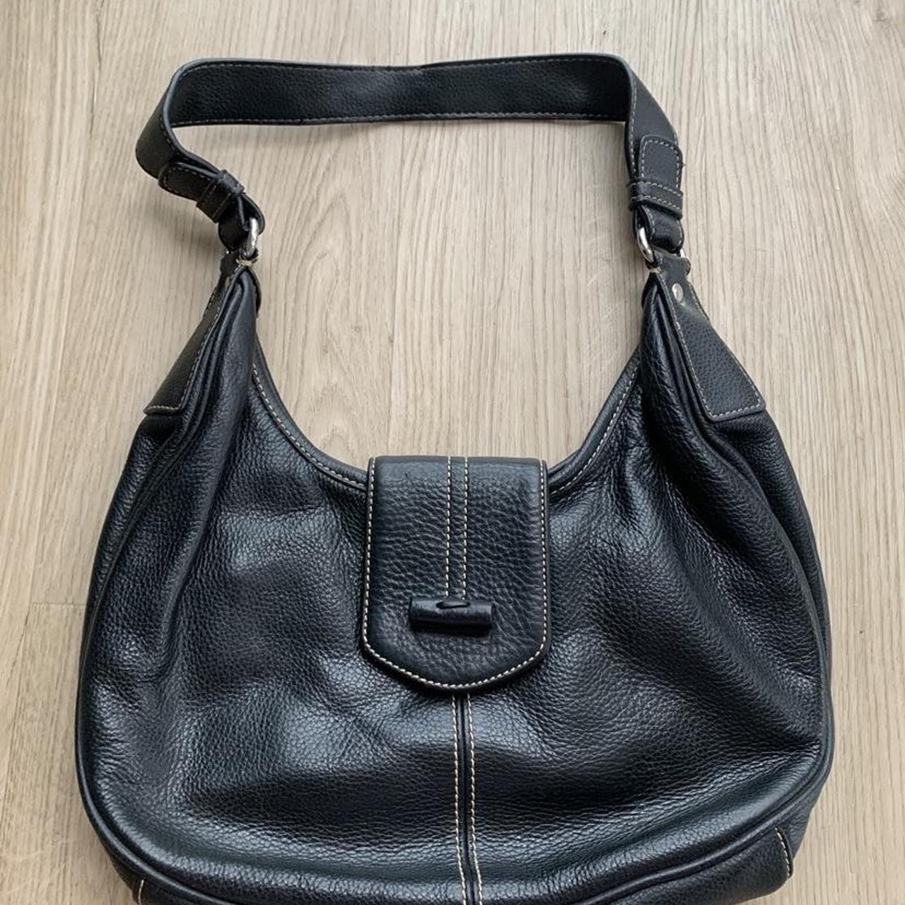 90s black leather shoulder bag with adjustable strap... - Depop