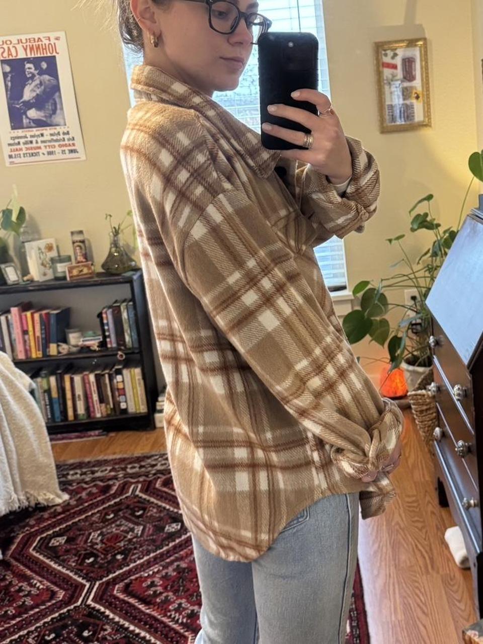 tan & brown plaid shacket. not super thick so great... - Depop
